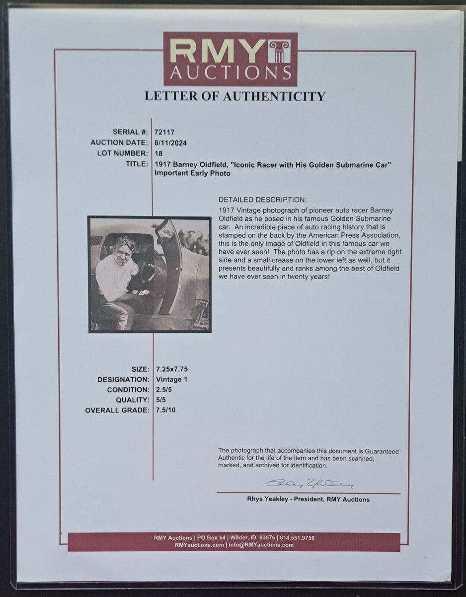 1917 Barney Oldfield Golden Submarine Car Type 1 Photo + LOA Vintage A ...