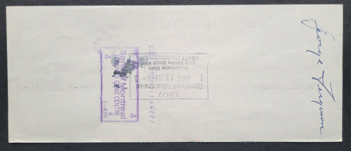 Maple Leaf Cheque To Former NHL Player George Ferguson Signed By Donal ...
