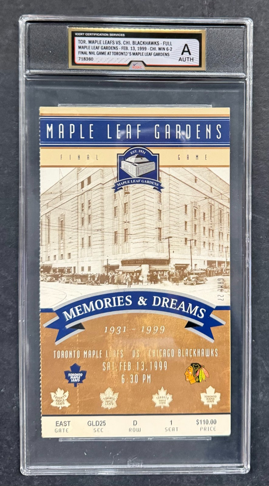 Maple Leaf Gardens Final Game Full Ticket iCert Toronto Blackhawks NHL ...