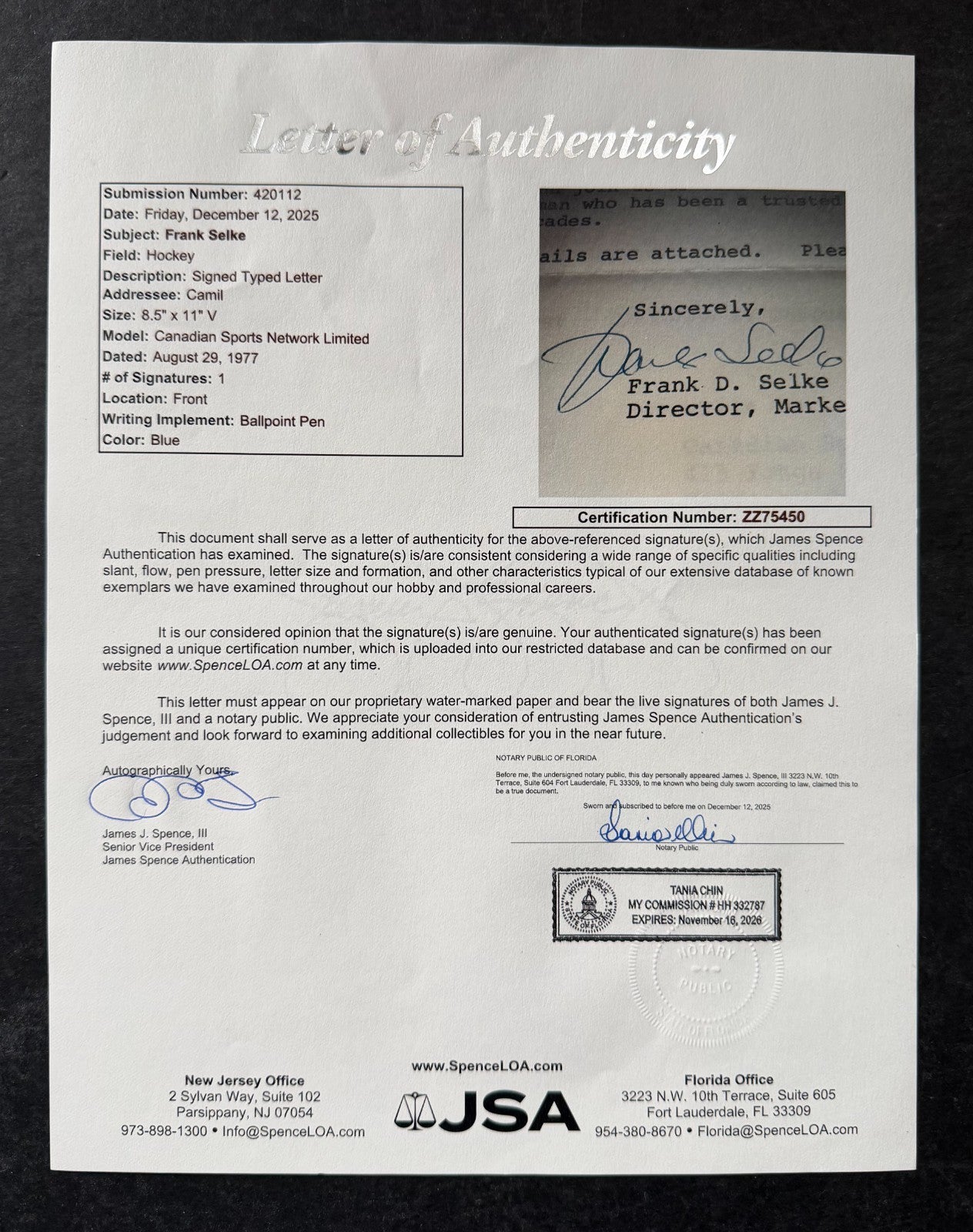 1977 Frank D. Selke Signed Letter JSA NHL Hockey Night Canada Golf Tou ...