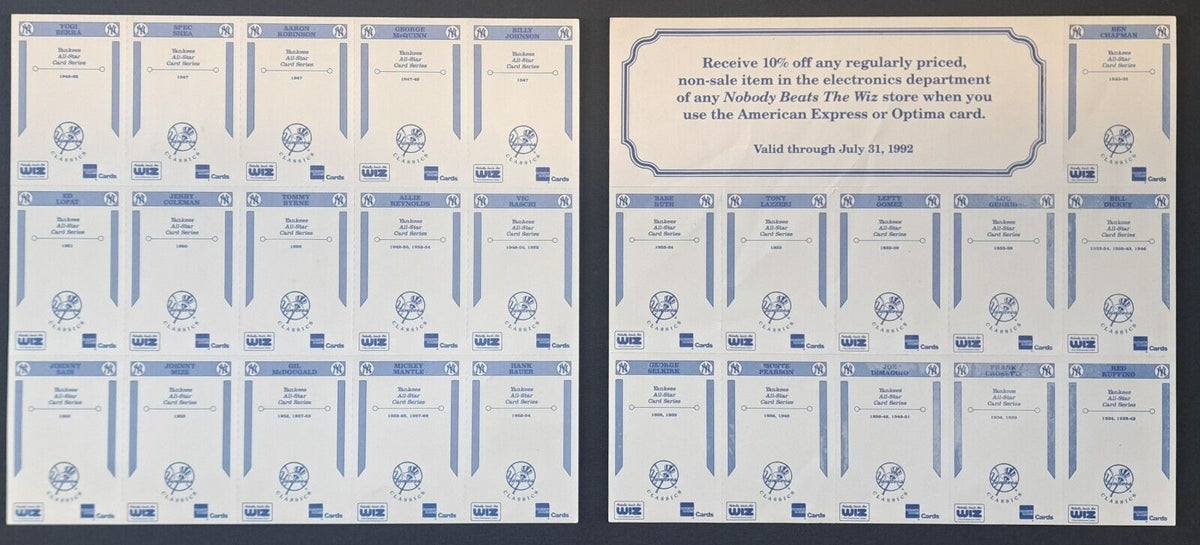 1992 New York Yankees All Star MLB Baseball Vintage Player Card Set ...