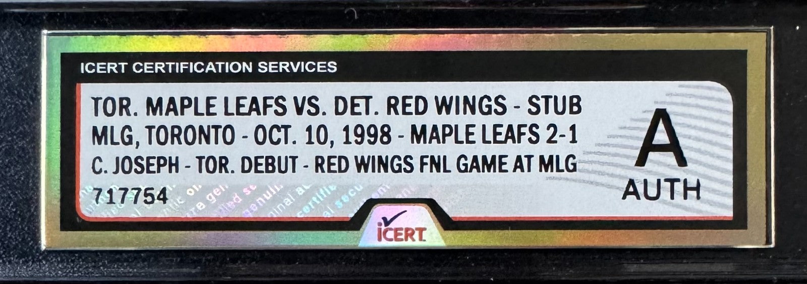 1998 Toronto Maple Leafs Vs Detroit Red Wings Stub iCert A Curtis Jose ...