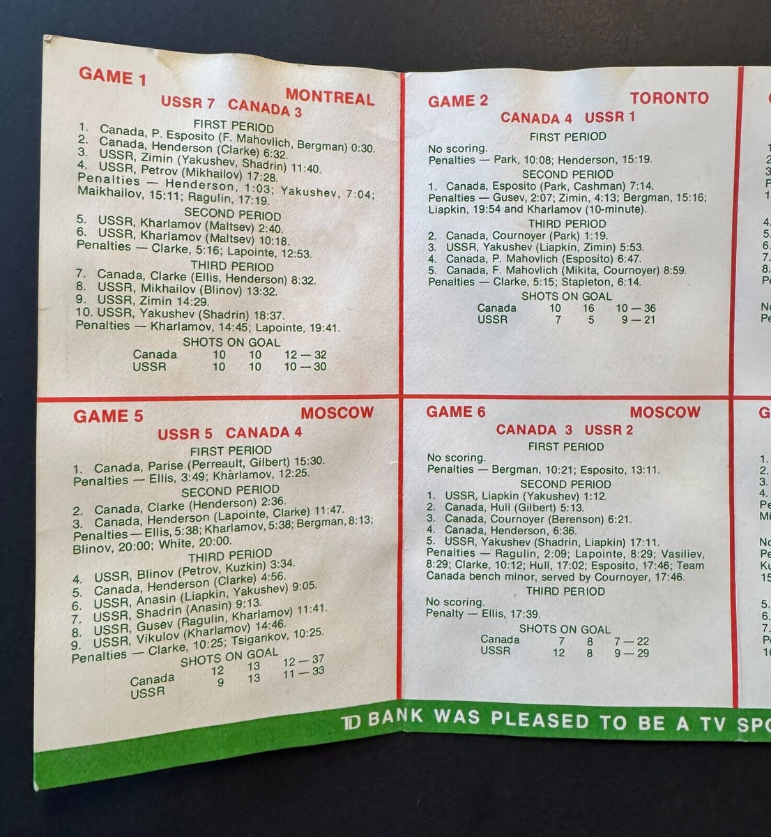 1972 Canada Vs USSR Hockey Summit Series Scoring Summary Hockey TD Ban ...