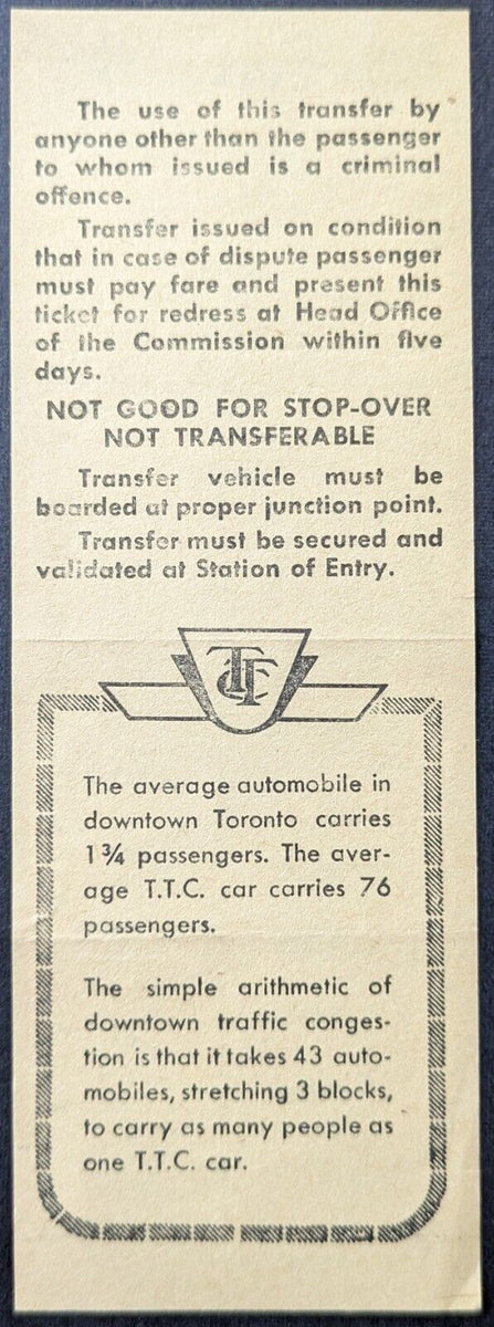 1954 Toronto Transit Commision TTC Transfer Yonge Subway Twelve Statio ...