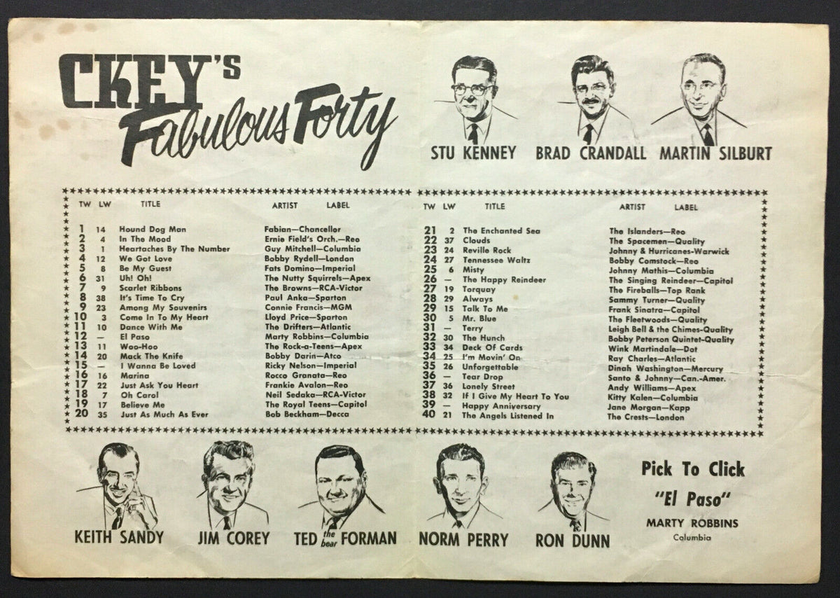 1959 CKEY Chart Radio Survey Fabian Ernie Fields Fats Domino Vintage ...