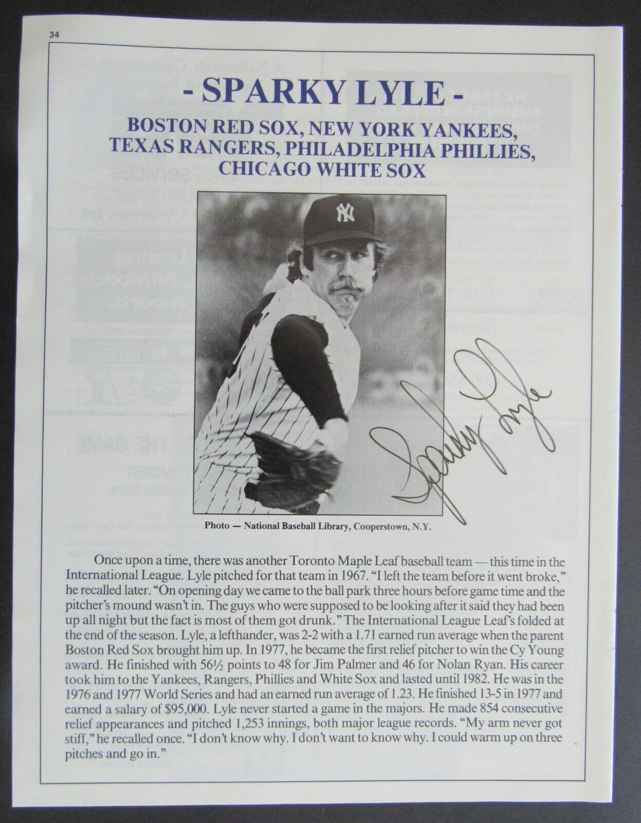 MLB New York Yankees Sparky Lyle Autographed Photo + Bio Signed Vintag ...