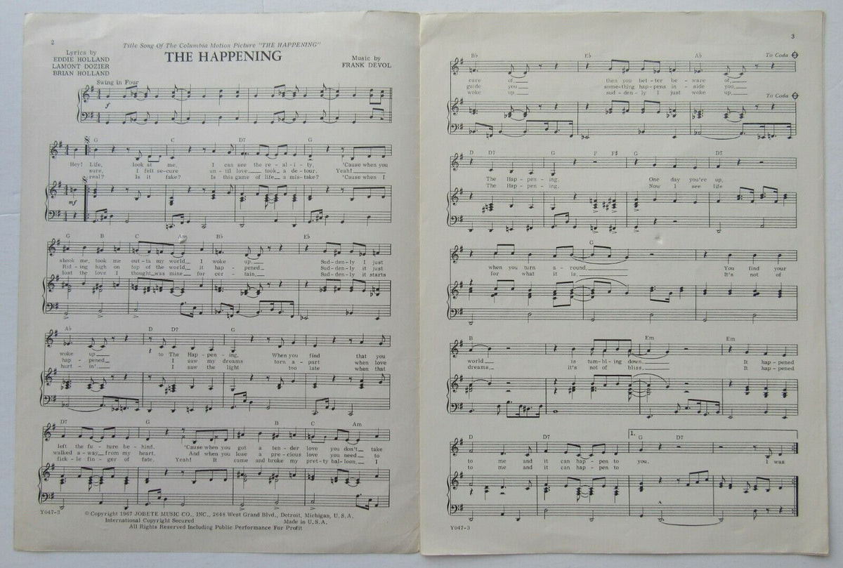 1967 The Supremes The Happening Sheet Music Rare PVG Motown Record Dia ...