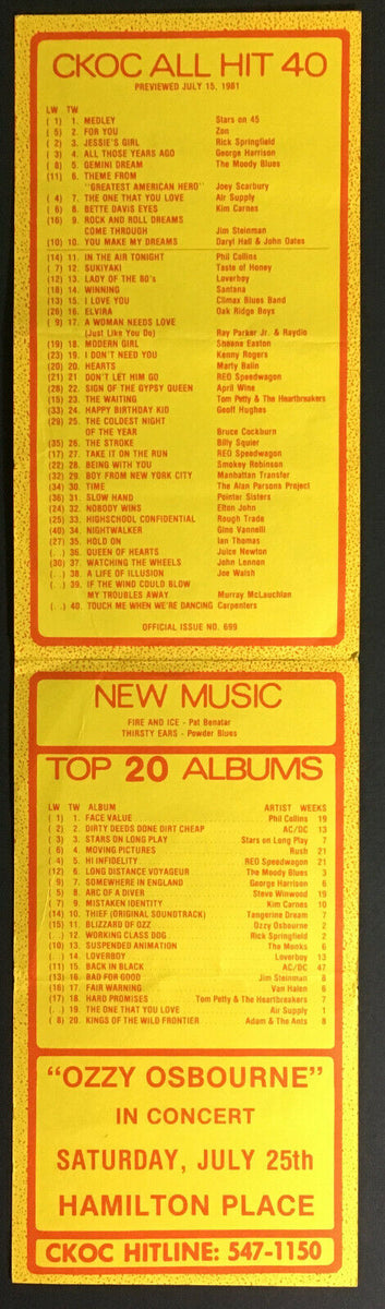 1981 CKOC All Hit 40 Radio Music Survey Chart Ozzy Osbourne Phil Colli ...