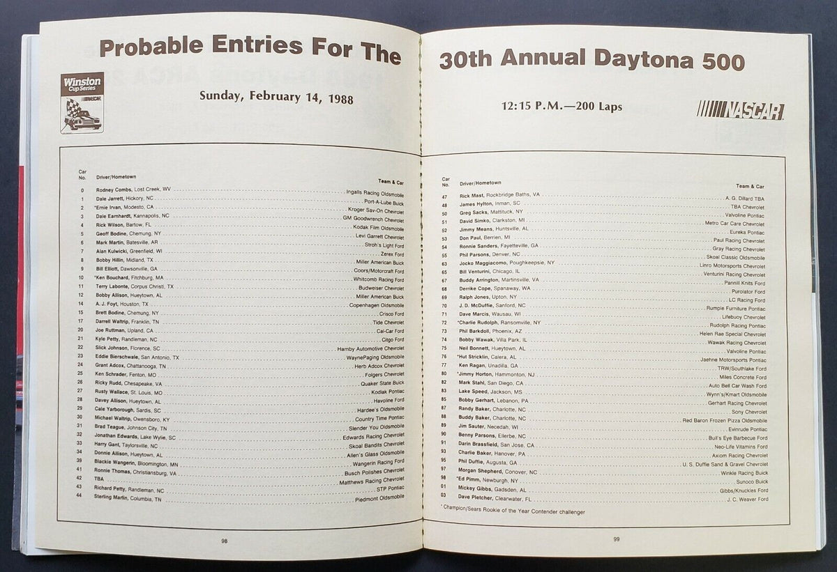 1988 Daytona 500 30th Anniversary Program Richard Petty Bobby Allison ...