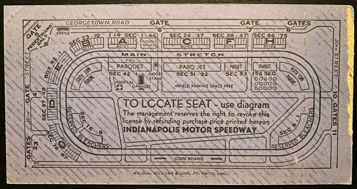 1951 Indy 500 Ticket Indianapolis Motor Speedway Lee Wallard Rare Vint ...