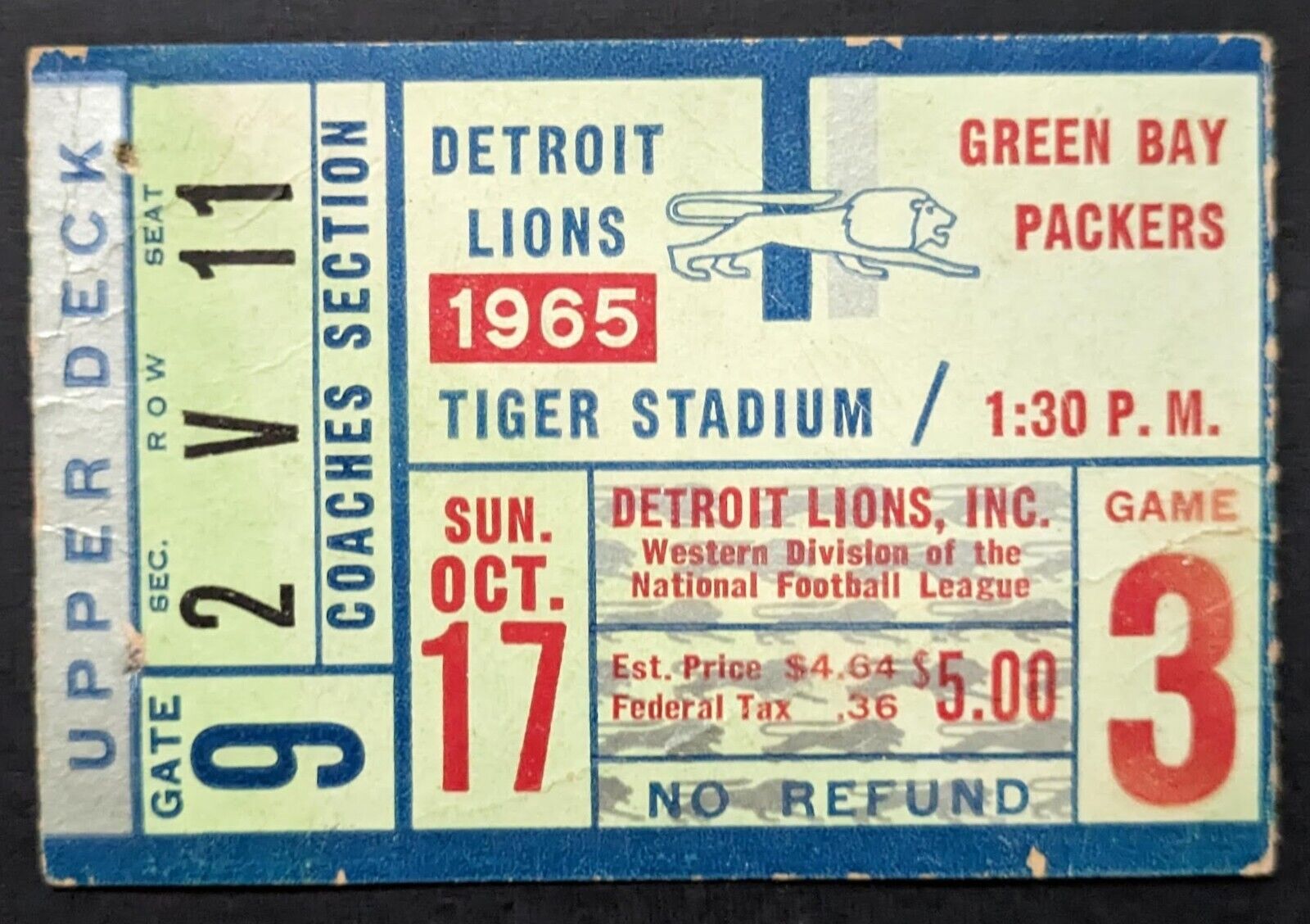 1965 Green Bay Packers Detroit Lions Ticket Stub NFL Vintage Football ...