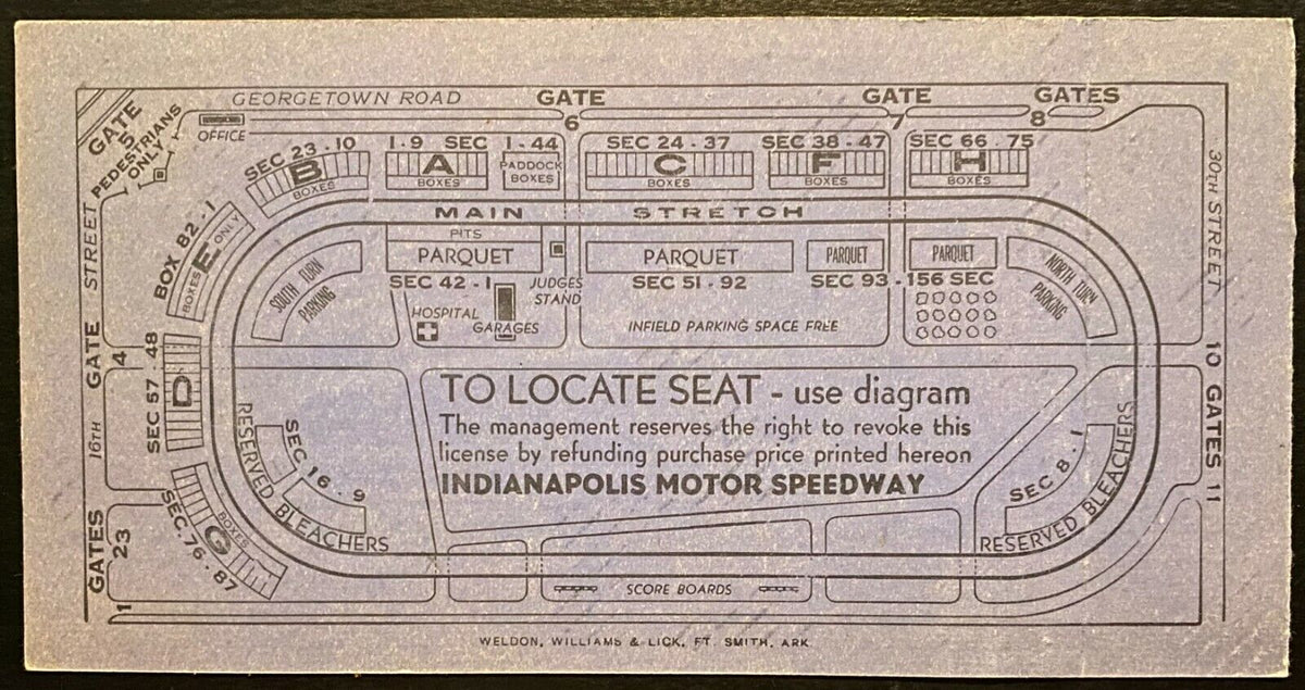 1950 Indy 500 Ticket Indianapolis Motor Speedway Johnnie Parsons Rare ...