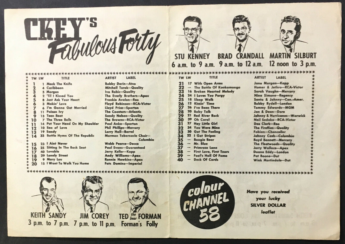 1959 CKEY Radio Survey Chart Toronto Ontario Paul Anka Bobby Darin Fab ...