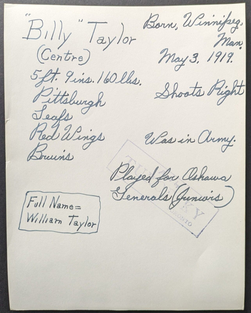 1939 Billy Taylor Original Type 1 Photograph Turofsky Toronto Maple Le ...