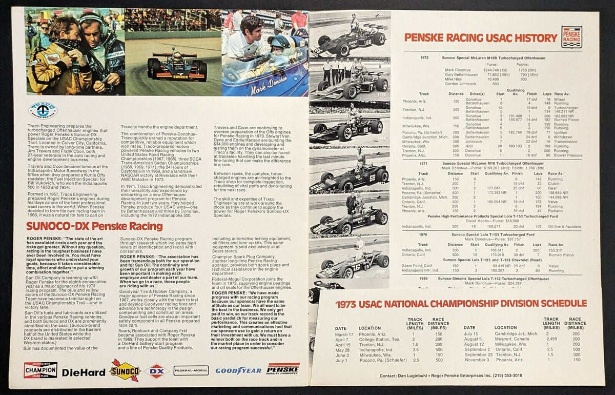 1973 Penske Racing Team Press Booklet + Vintage Patch Indycar Indianap ...