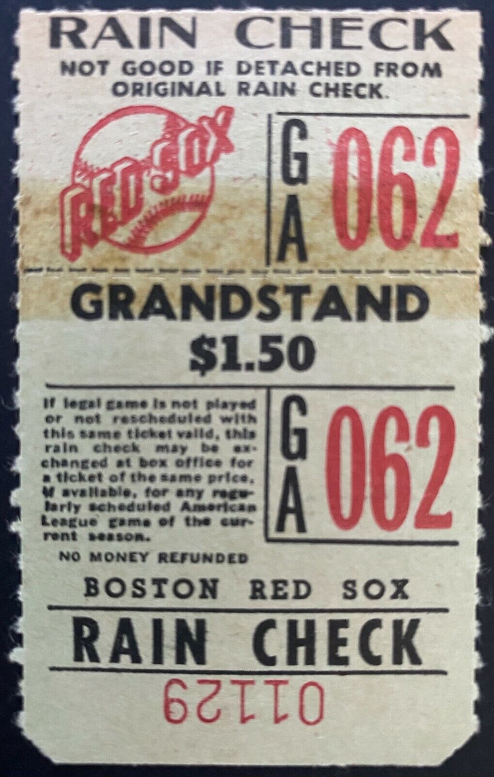 1950s Vintage MLB Baseball Boston Red Sox Fenway Park Rain Check Ticke ...