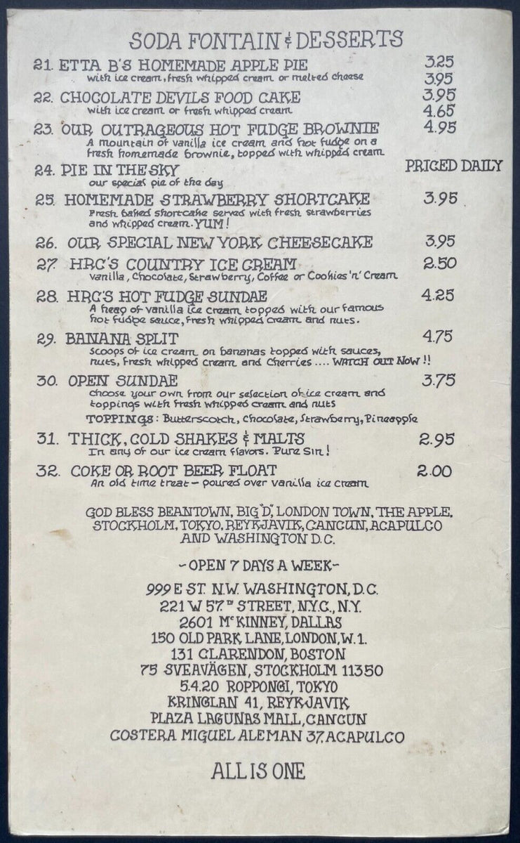 1980s Hard Rock Cafe Original Menu Vintage Food Restaurant – Glory Days ...