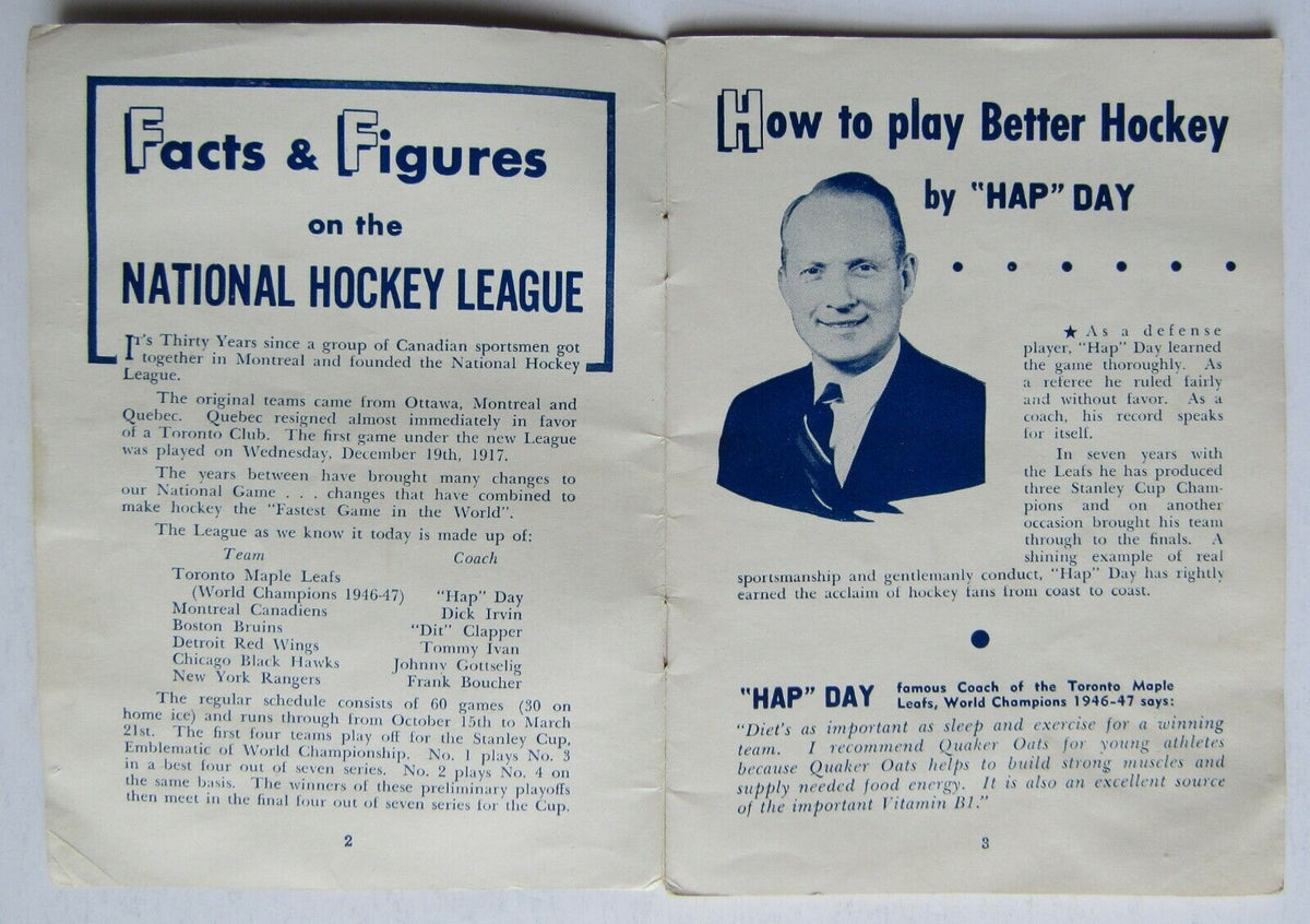 1947-1948 Hap Day How To Play Better Hockey Booklet Quaker Oats Premiu ...