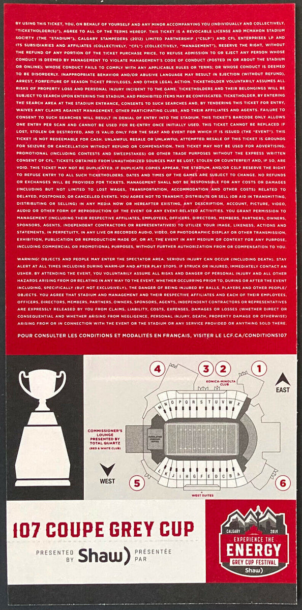 2019 CFL Grey Cup Football Ticket McMahon Stadium Calgary Winnipeg vs ...