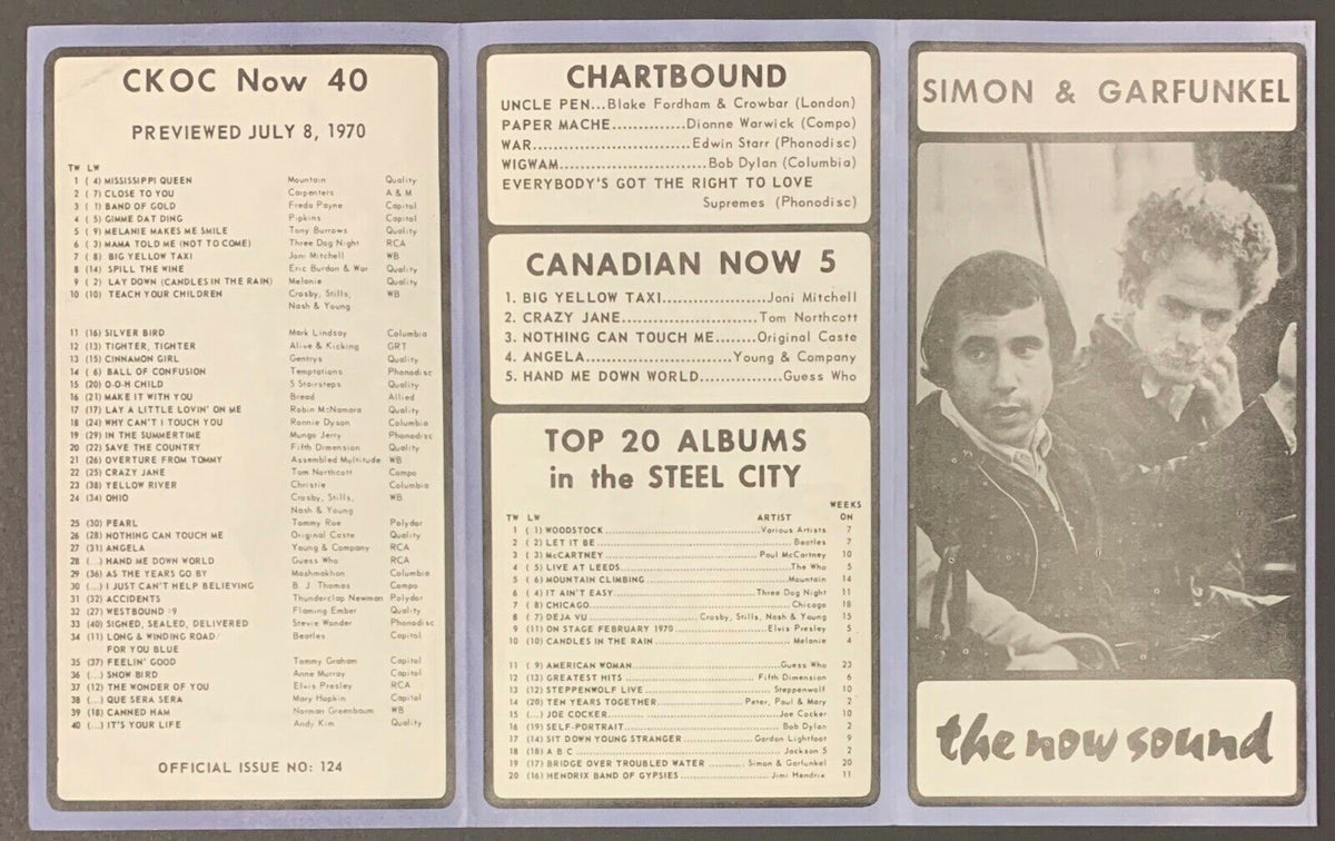 1970 CKOC Chart Radio Survey Hamilton1150 Music Simon & Garfunkel Moun ...