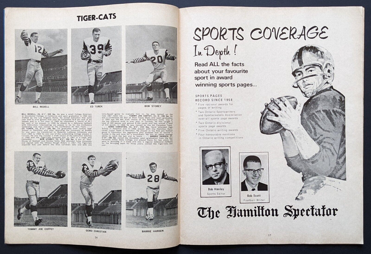 1968 CFL Football Complete Program Hamilton Tiger-Cats Saskatchewan Ro ...