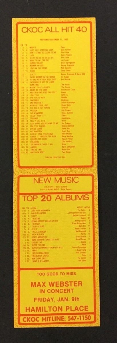 1980 CKOC All Hit 40 Radio Chart John Lennon Pictured Max Webster In C ...