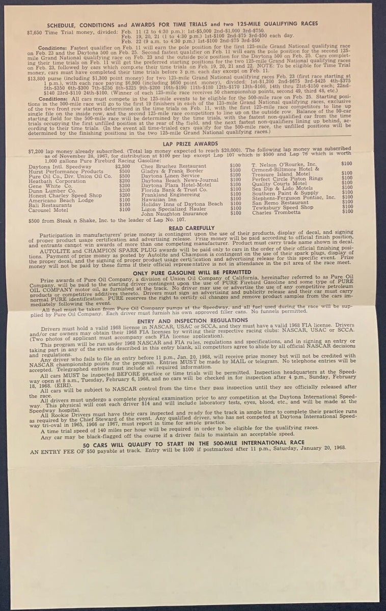 1968 Daytona 500 Entry Form Daytona International Speedway Race NASCAR ...