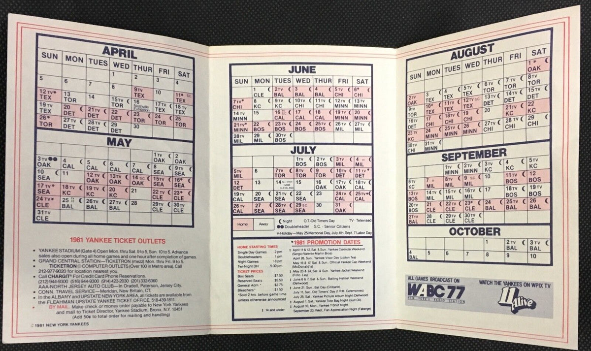 1980's New York Yankees MLB Baseball Pocket Schedules 1981 1985 1987 V ...