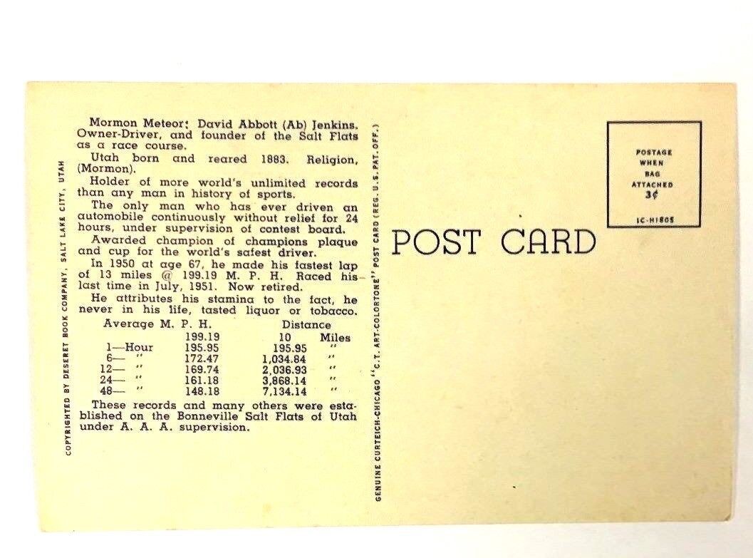 1951 Postcard Mormon Meteor Considered Greatest Land Speed Record Car ...