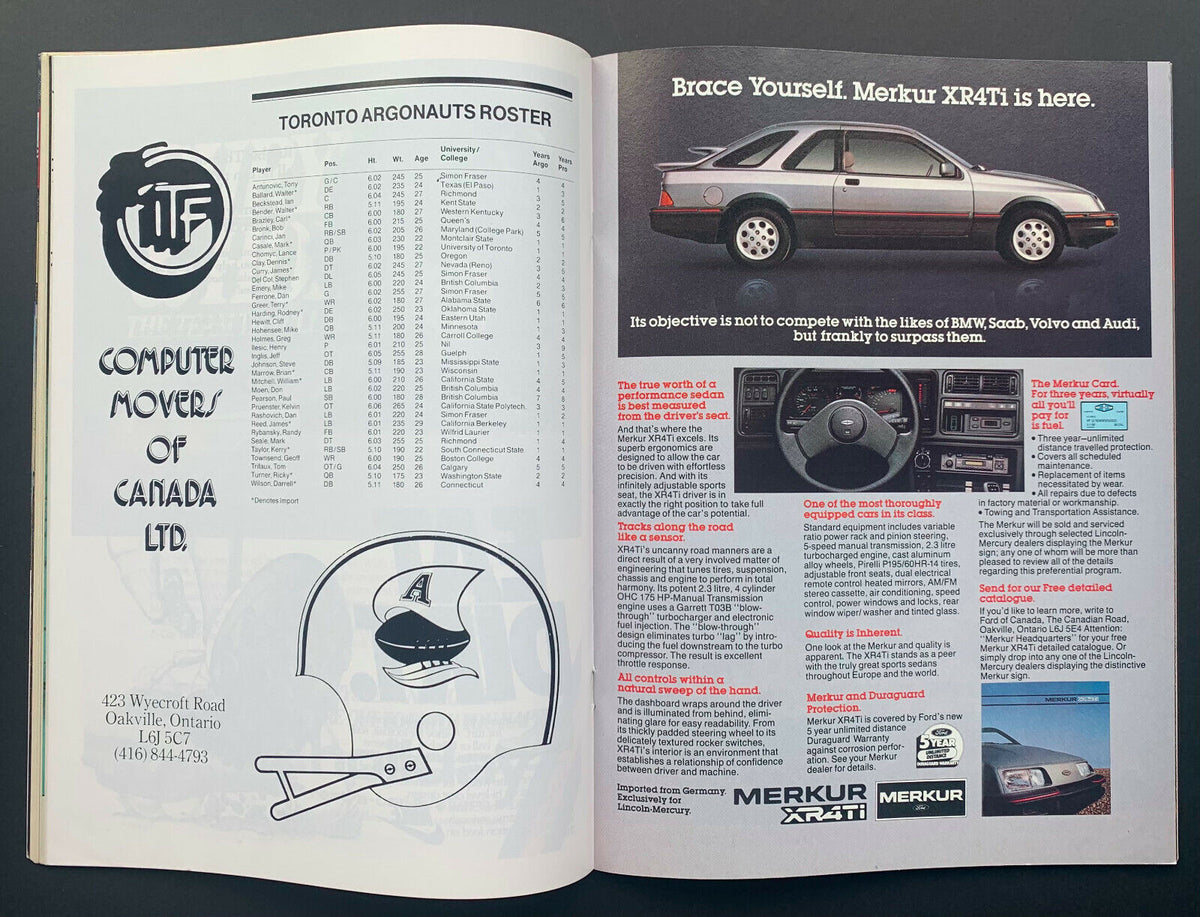 1985 CFL Football Program Hamilton Tiger Cats Vs Toronto Argonauts 2 A ...