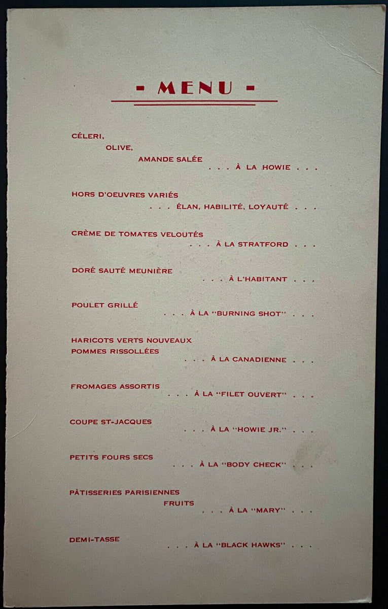 1934 Restaurant Dinner Menu To Honor Howie Morenz Montreal Canadiens H ...