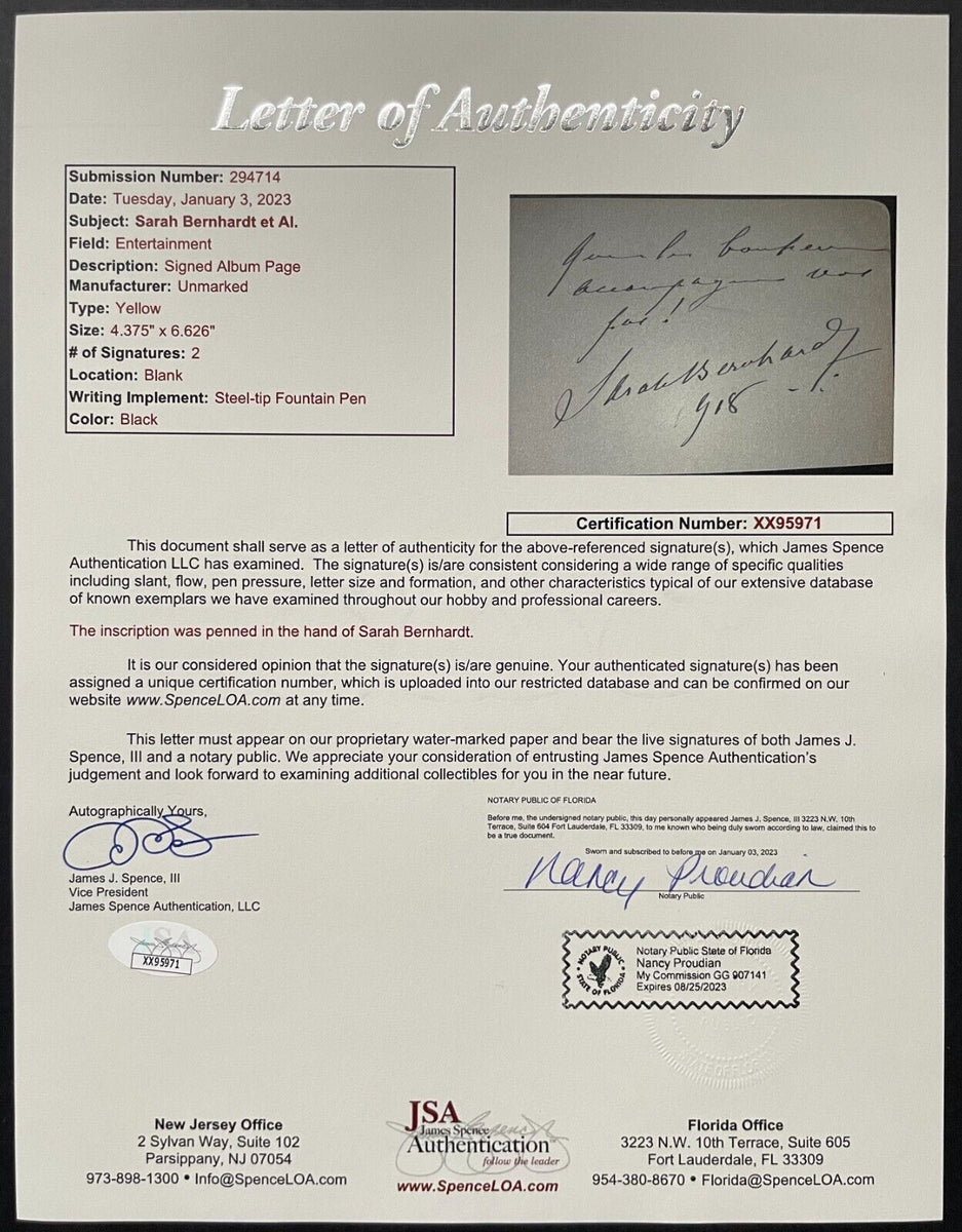 1918 Sarah Bernhardt Signed Autograph Album Page Autographed French Ac ...