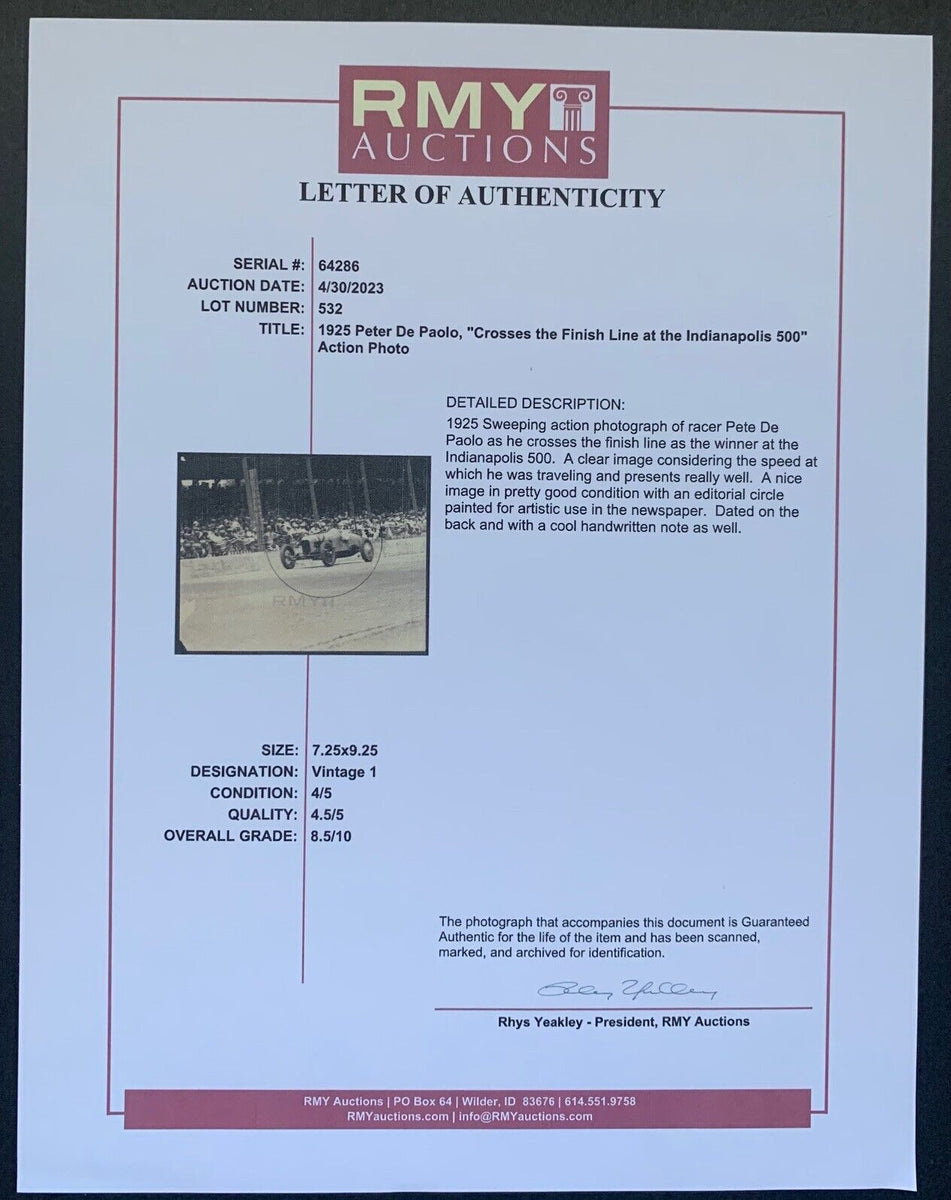 1925 Indianapolis 500 Type 1 Photo Peter De Paolo Winning Car Race LOA ...